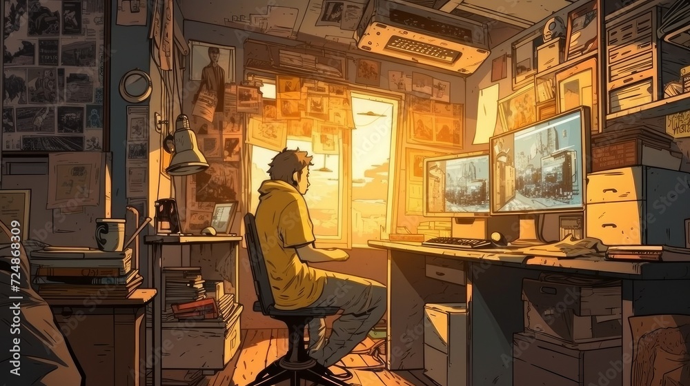 boy man at the computer in his room, graphic designer , gamer , game ...