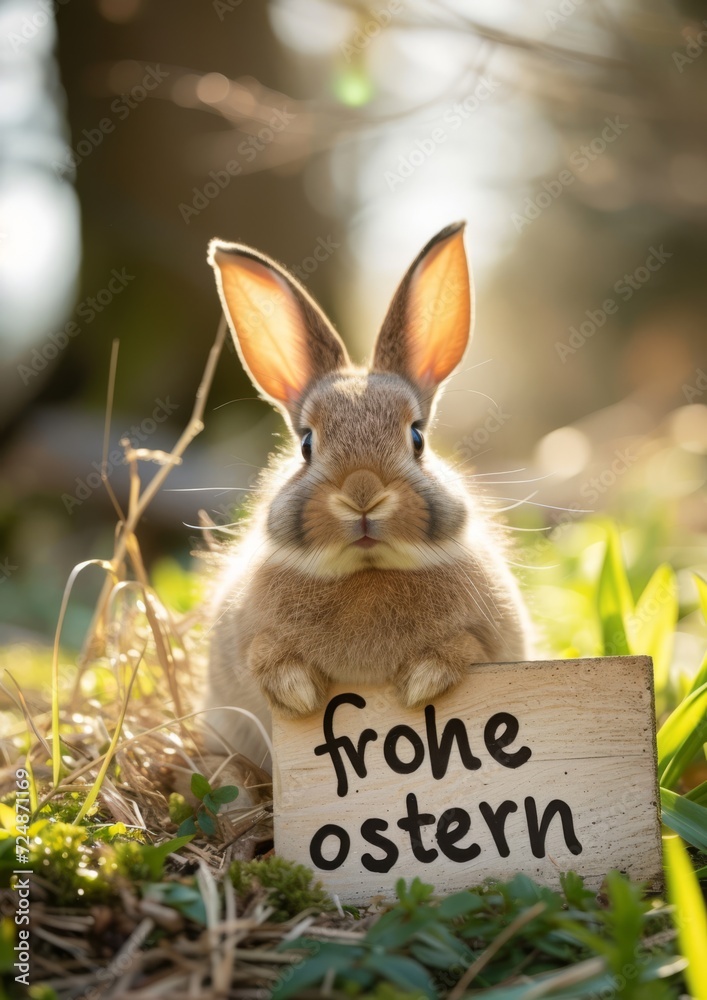 Osterhase mit Schild: frohe Ostern Stock Photo | Adobe Stock