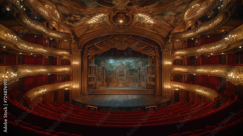 Illustration of an empty opera house with the lights on in high angle ...