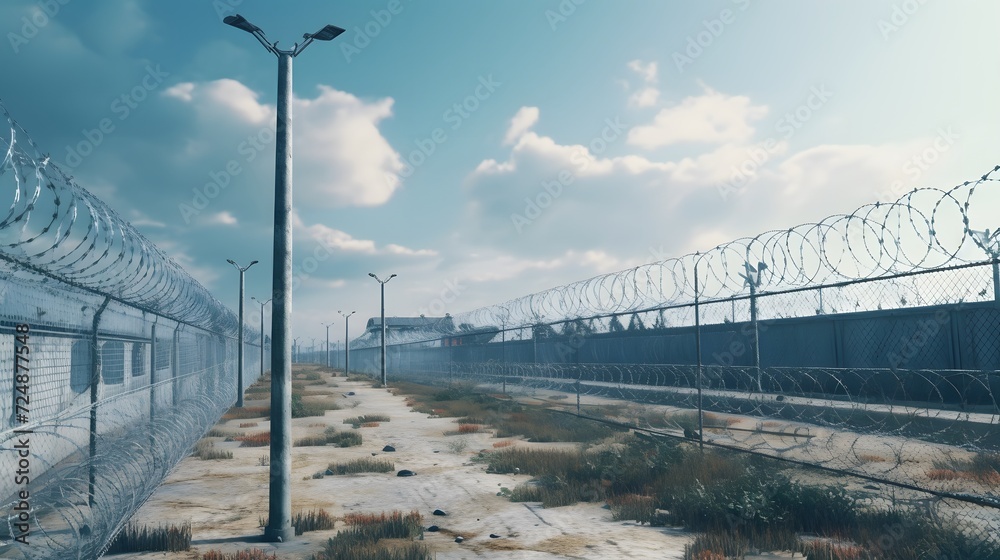 Prison security fence. Barbed wire security fence. Razor wire jail ...