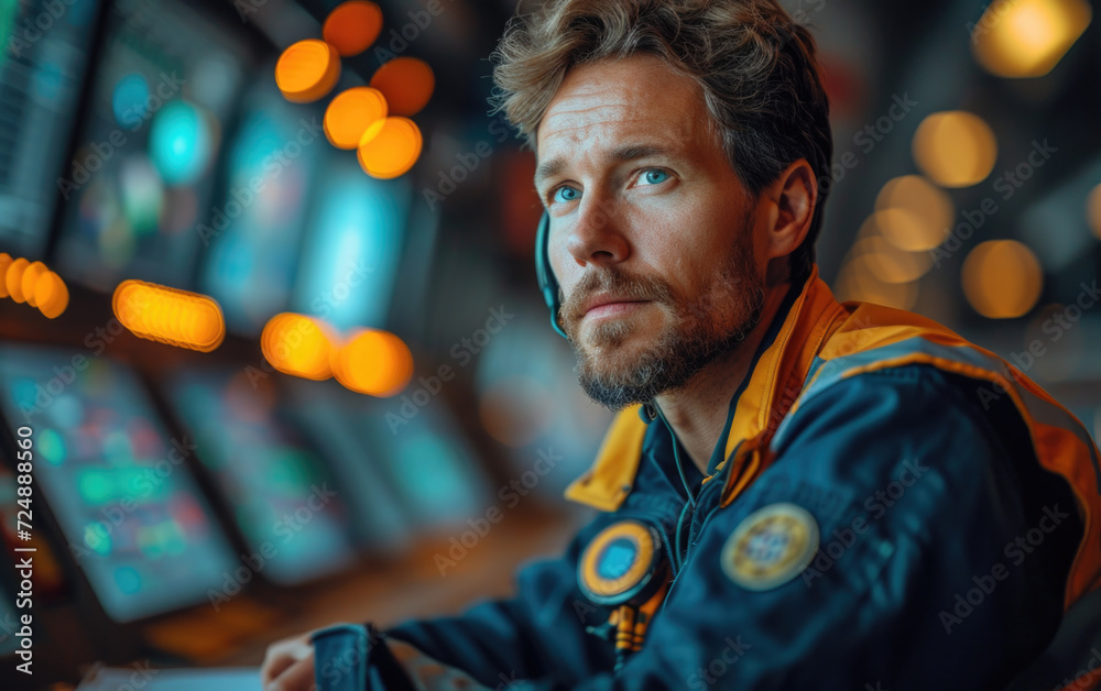 an engineer monitors a bank of screens showing live feeds from a solar ...