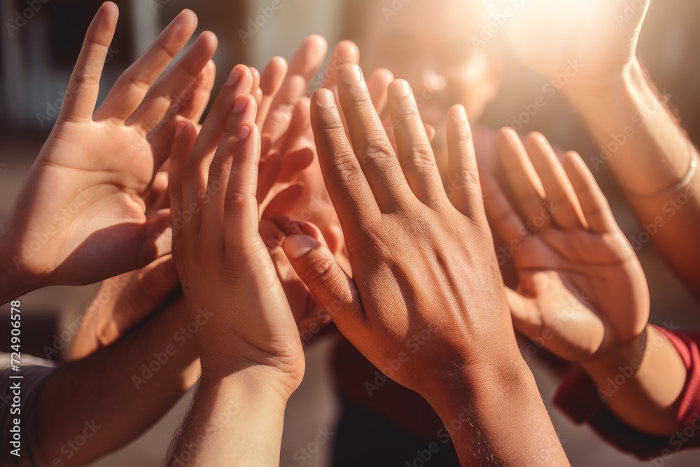 Group of People Raising Hands Together in Celebration at an Event, Team ...