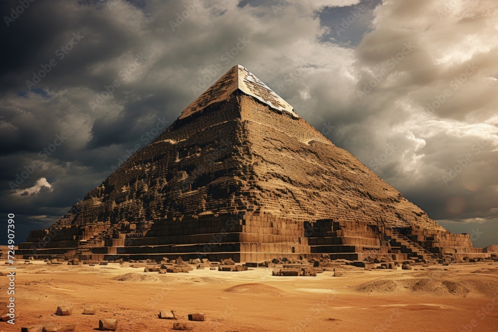 A monumental pyramid stands prominently in the vast expanse of an arid ...