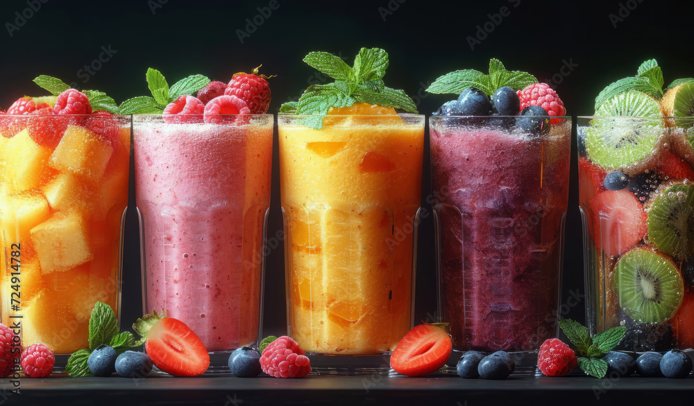 Five types of smoothie in different glasses. A lineup of smoothie cups ...