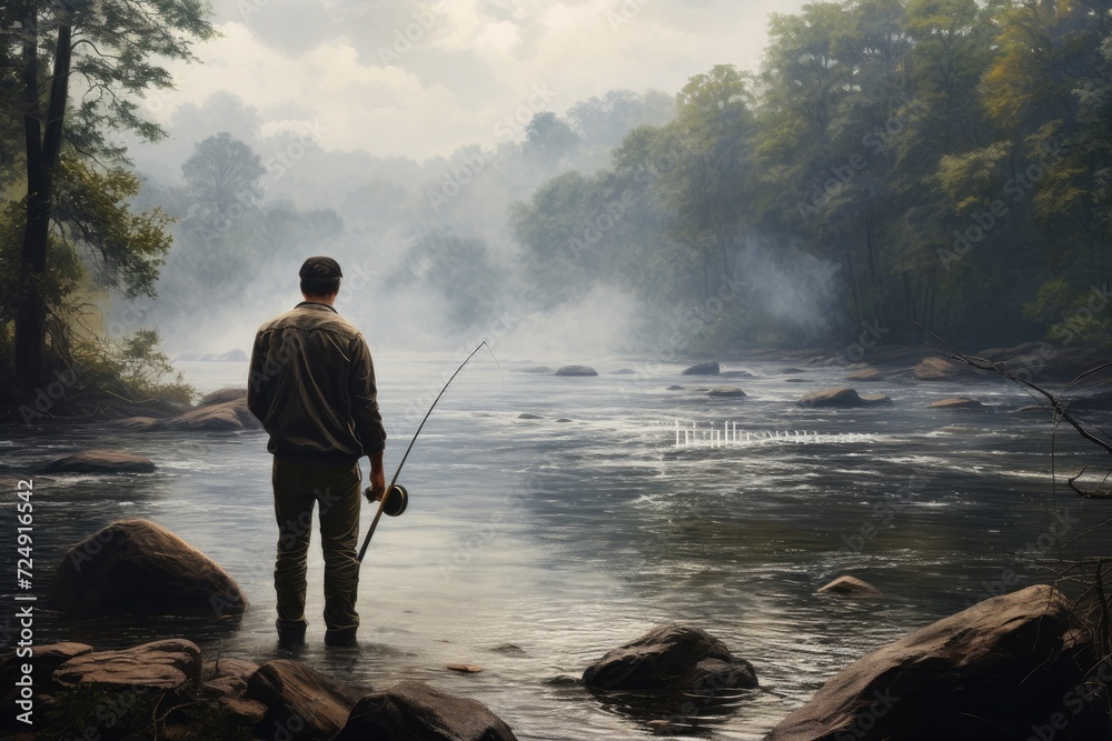 This artwork depicts a man fishing in a river, capturing the serenity ...