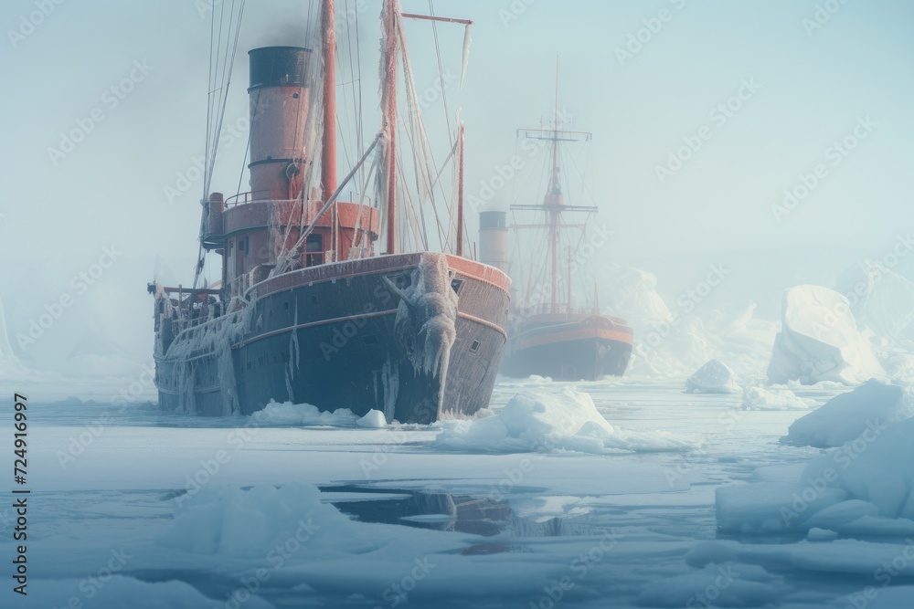 A massive boat effortlessly floats on top of icy waters, navigating ...