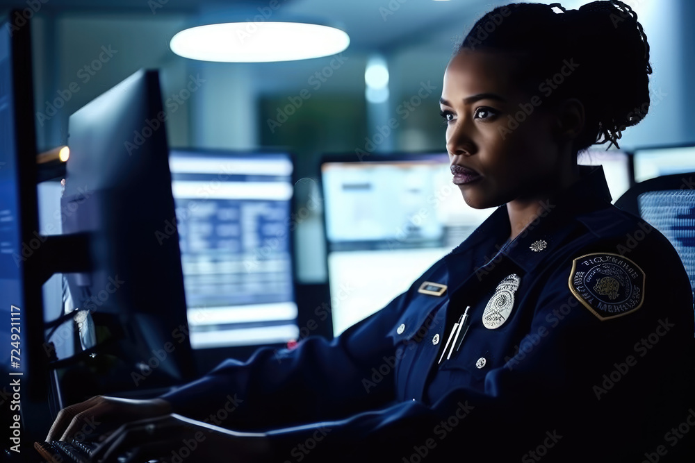 A black female police officer in uniform working diligently at a police ...