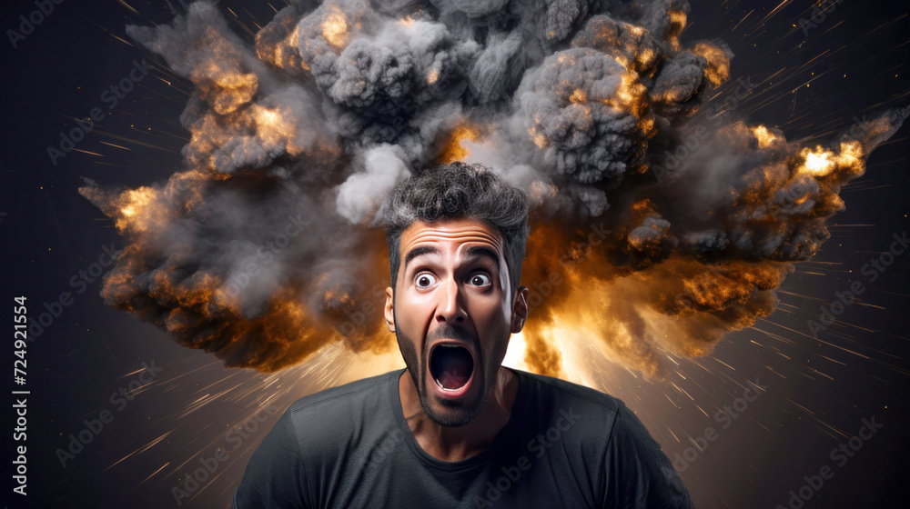 A man with a fiery explosion emanating from his head, symbolizing ...