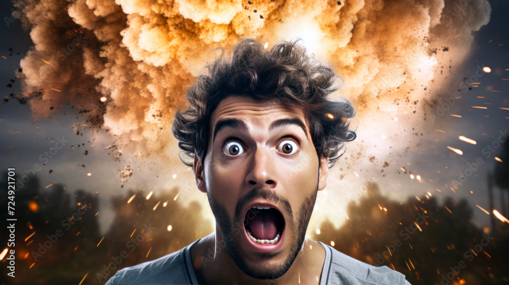 shocked man with explosion behind his head, symbolizing brain overload ...