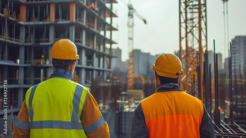 Rear View of Two Construction Workers in Safety Gear Overlooking a ...