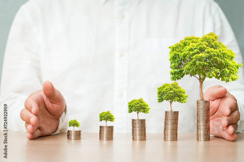Businessman protect and save the stack gold with tree growing interest ...