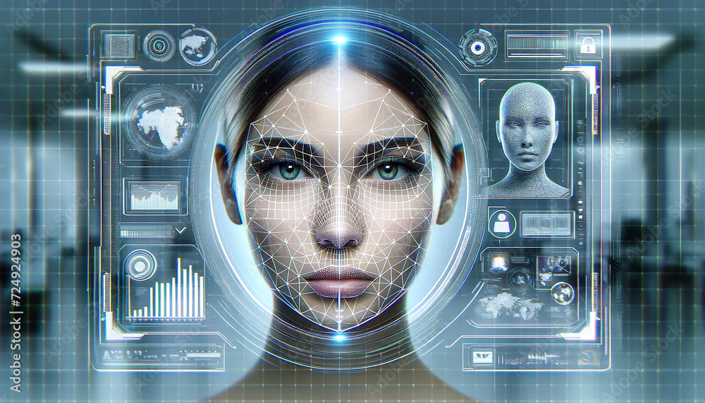 Digital representation of a female face surrounded by biometric lines and futuristic user ...