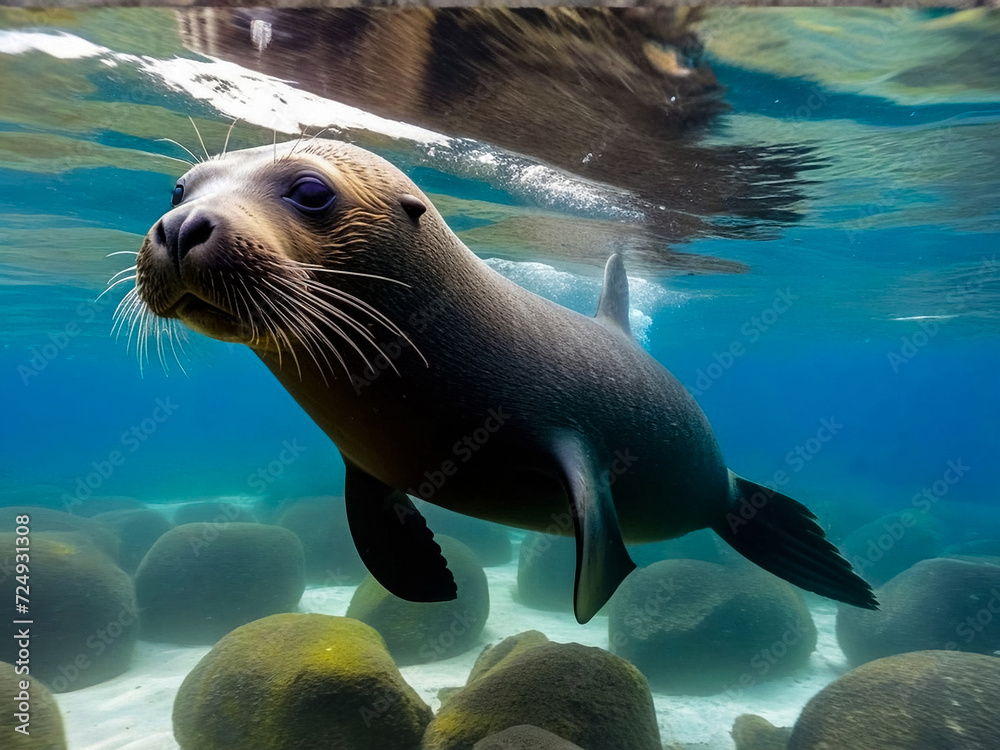 Galapagos fur seal (Arctocephalus galapagoensis) swimming at camera in ...