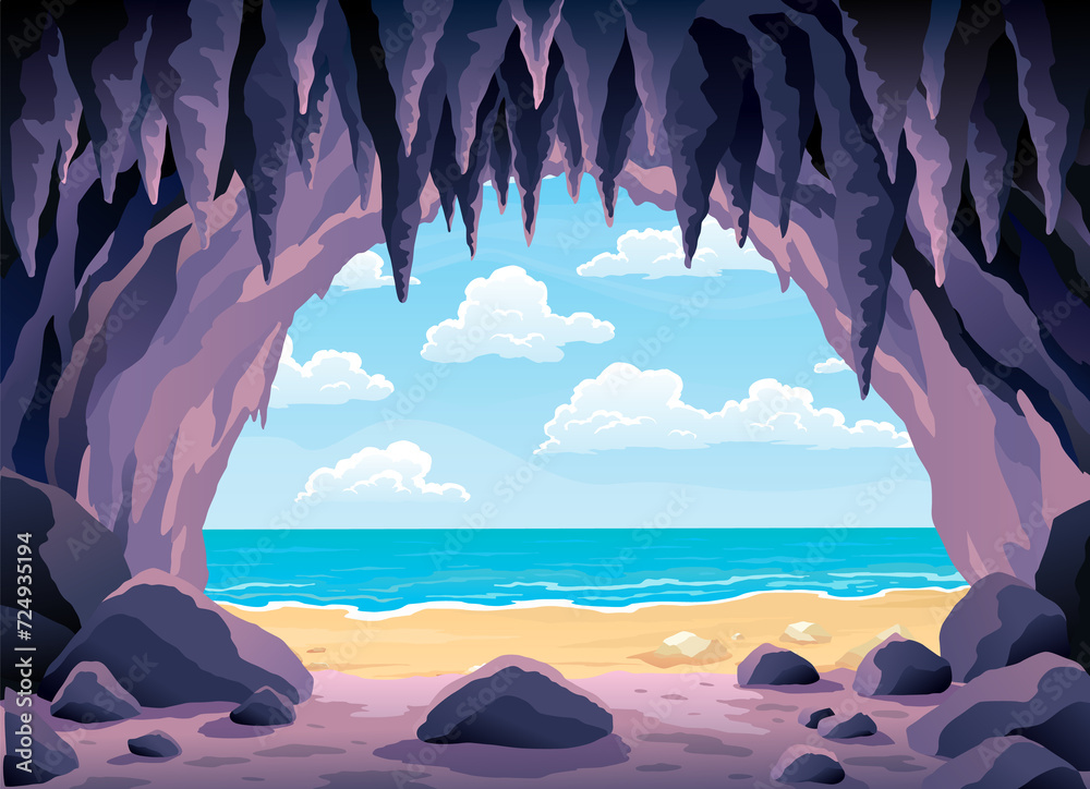 Cave landscape. Summer nature scene of cave entrance. Prehistoric ...