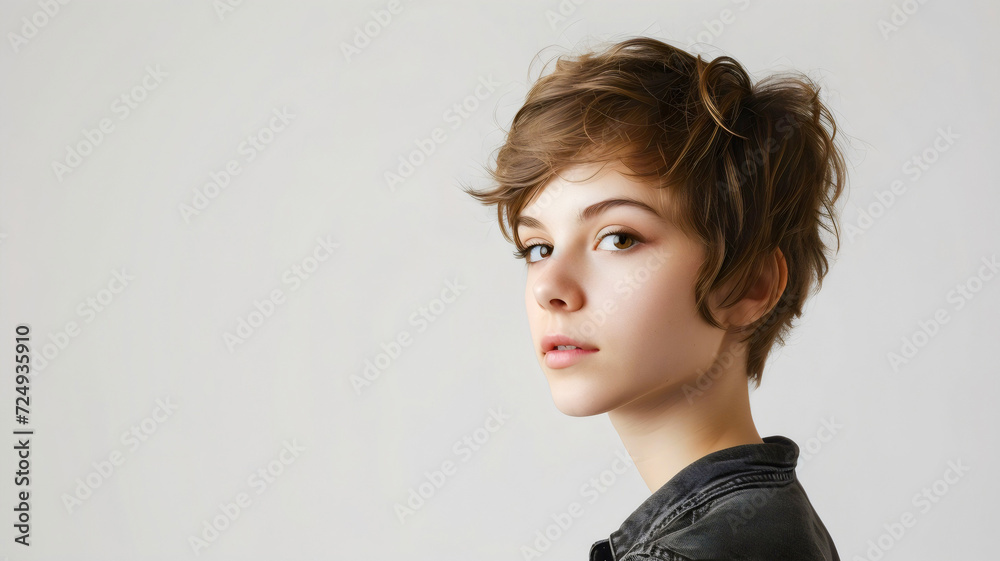 A Young Woman With The Pixie Cut Hairstyle Isolated On The White Background With Copy Space