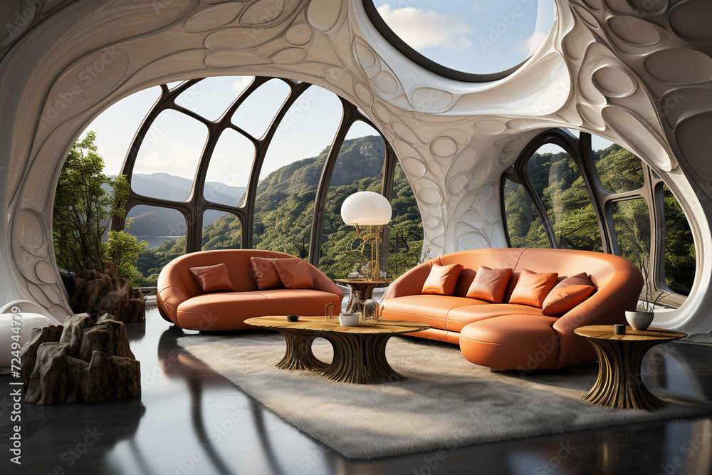 Beautiful modern Futuristic bionic forms architecture. Indoor space ...