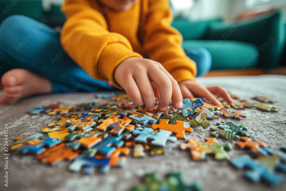 Little girl playing puzzles at home. Child connecting jigsaw puzzle ...