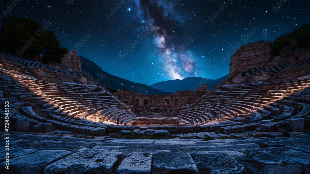 Ancient Greek theatrical performance in an old amphitheater under the ...