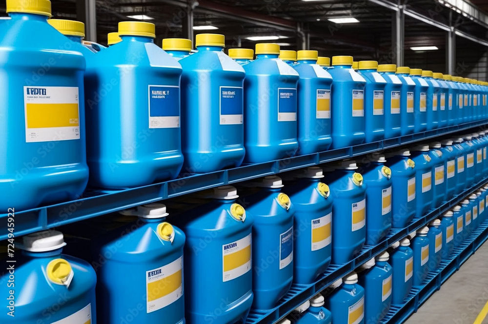 Close-up of rows liquid blue containers on rack in warehouse storage of ...