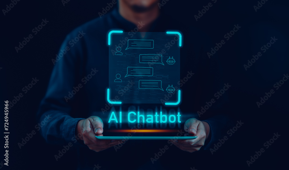 Businessman using tablet for digital chatbot, chat AI, robot ...
