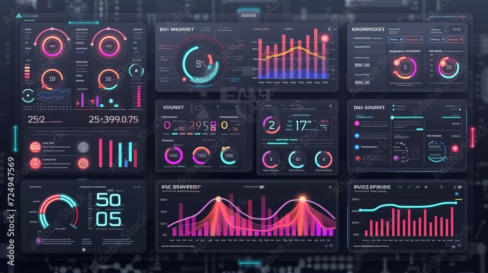 Futuristic dashboard with various graphs and charts displaying real ...