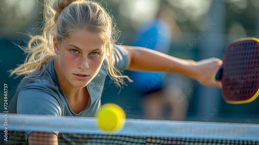 Thrilling pickleball action: Young woman lunges, showcasing intensity ...