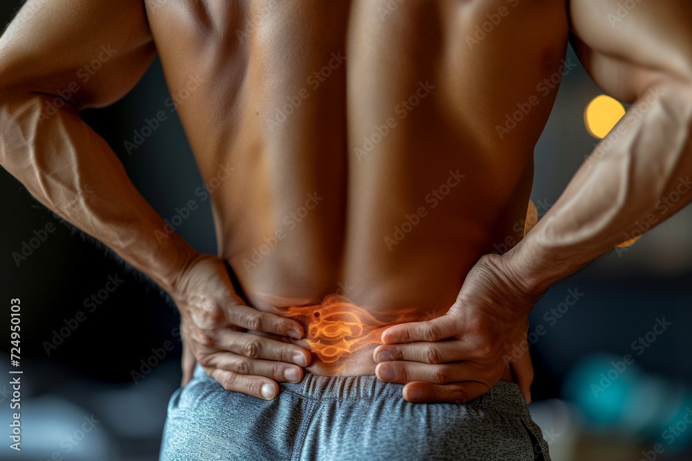 Sharp pain in the lower back, an athlete holds his back from an attack ...