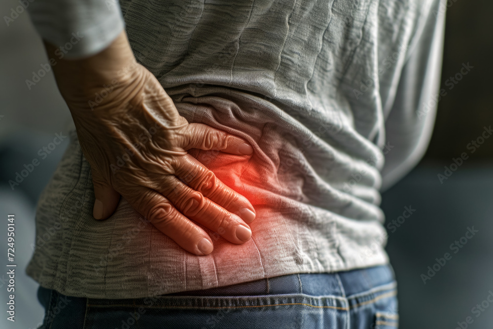 Close-up of the lower back and left side of a man holding his hand on ...