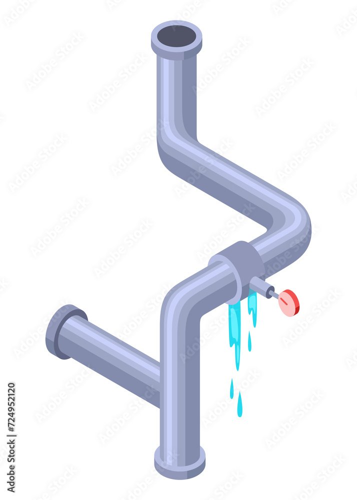 Leaking pipes isometric. Broken pipe tube with leaking water. Plumbing ...