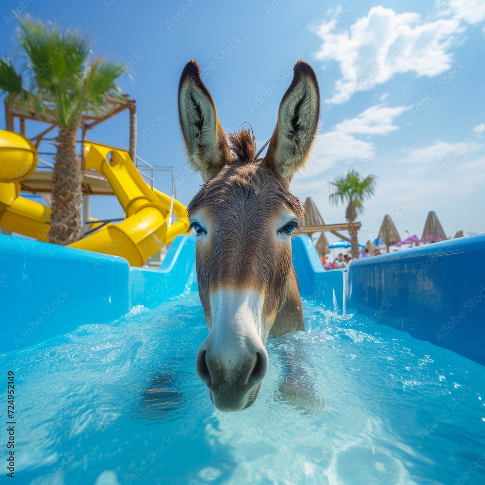 A content donkey takes a refreshing dip in the crystal blue pool ...
