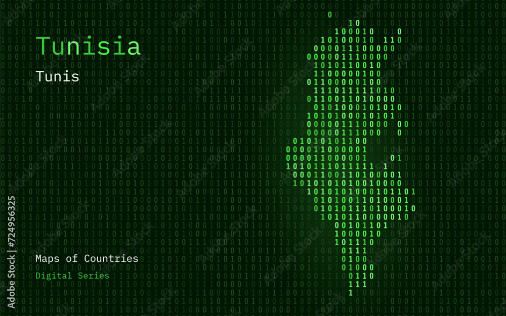 Tunisia Map Shown in Binary Code Pattern. TSMC. Matrix numbers, zero, one. World Countries ...