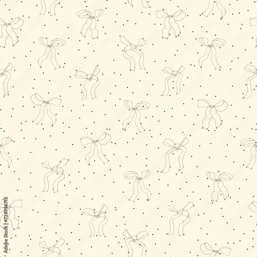 Coquette cream bows on a cream and black polka dot background pattern ...