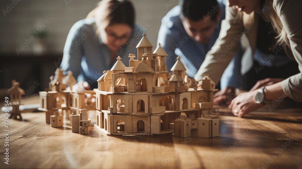 Company employees playing game and building castles, team building ...