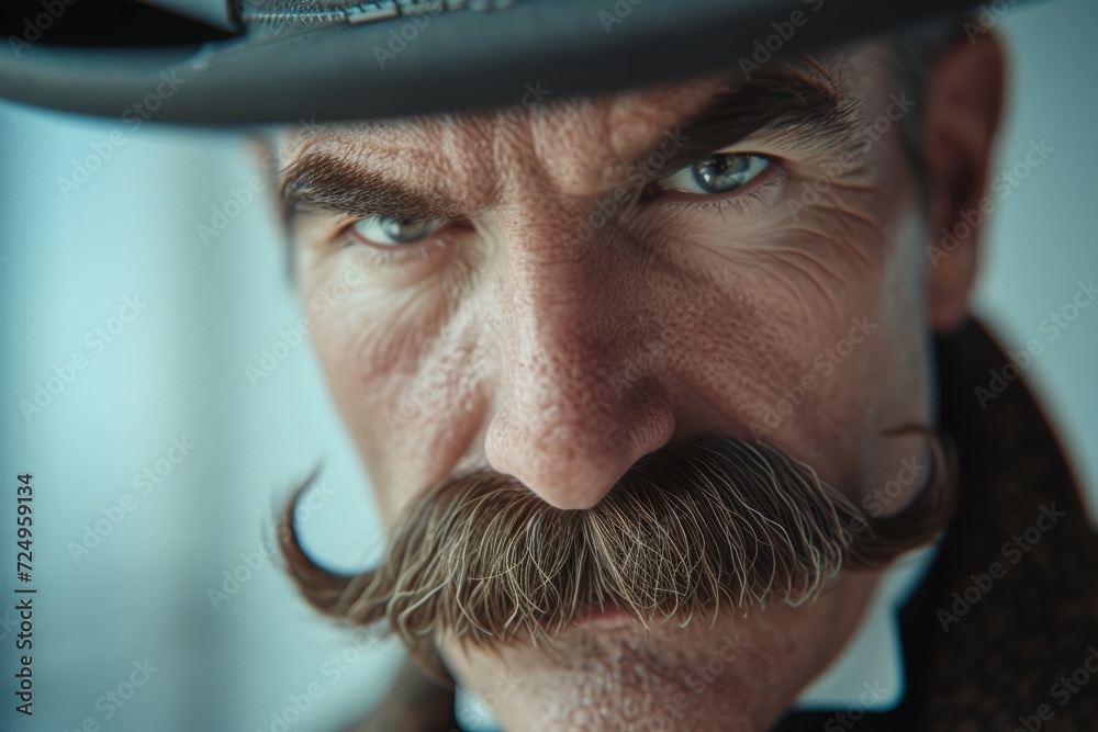 Stoic portrait of a man with an iconic handlebar mustache and a ...