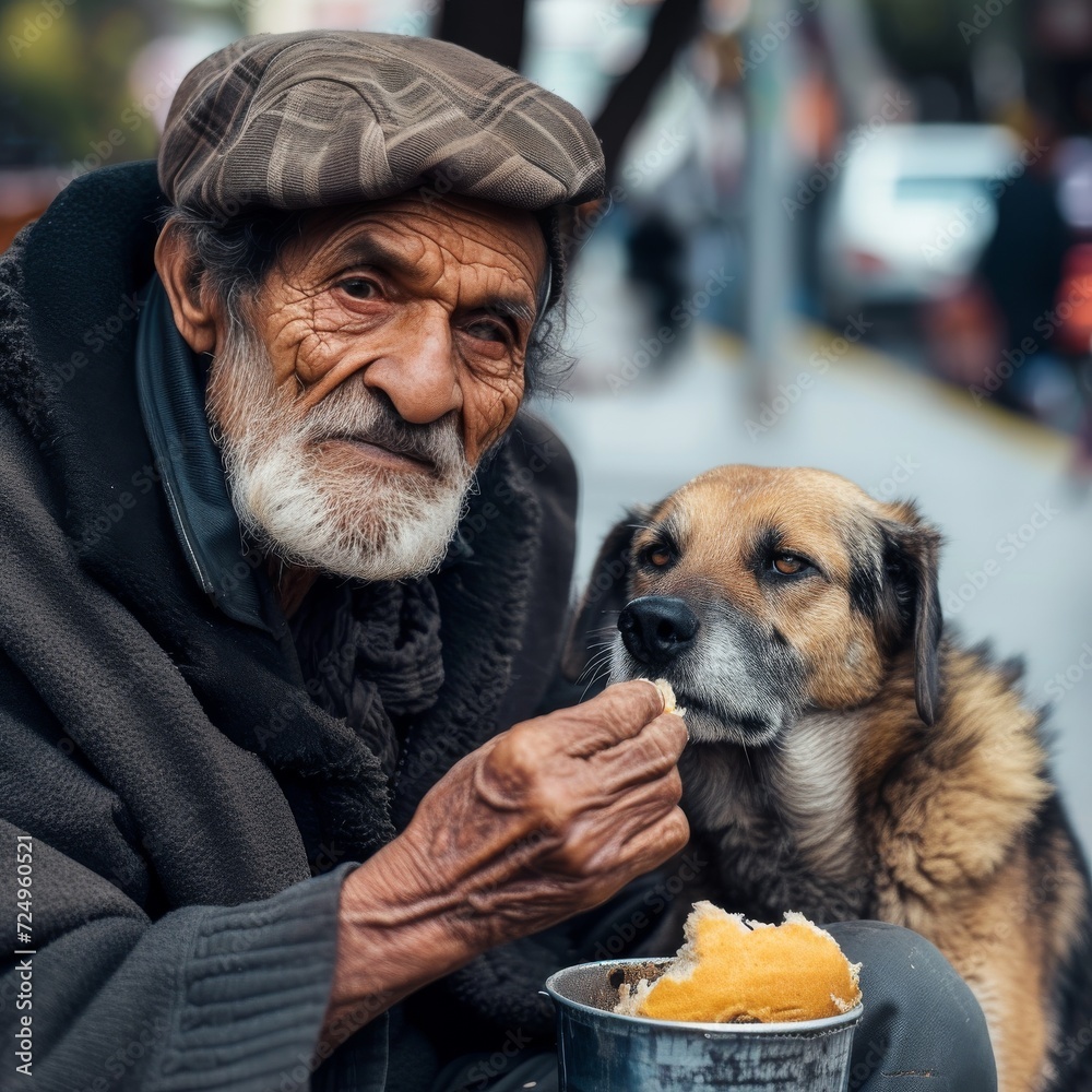 A fashionably dressed man lovingly feeds a hungry street dog of a ...