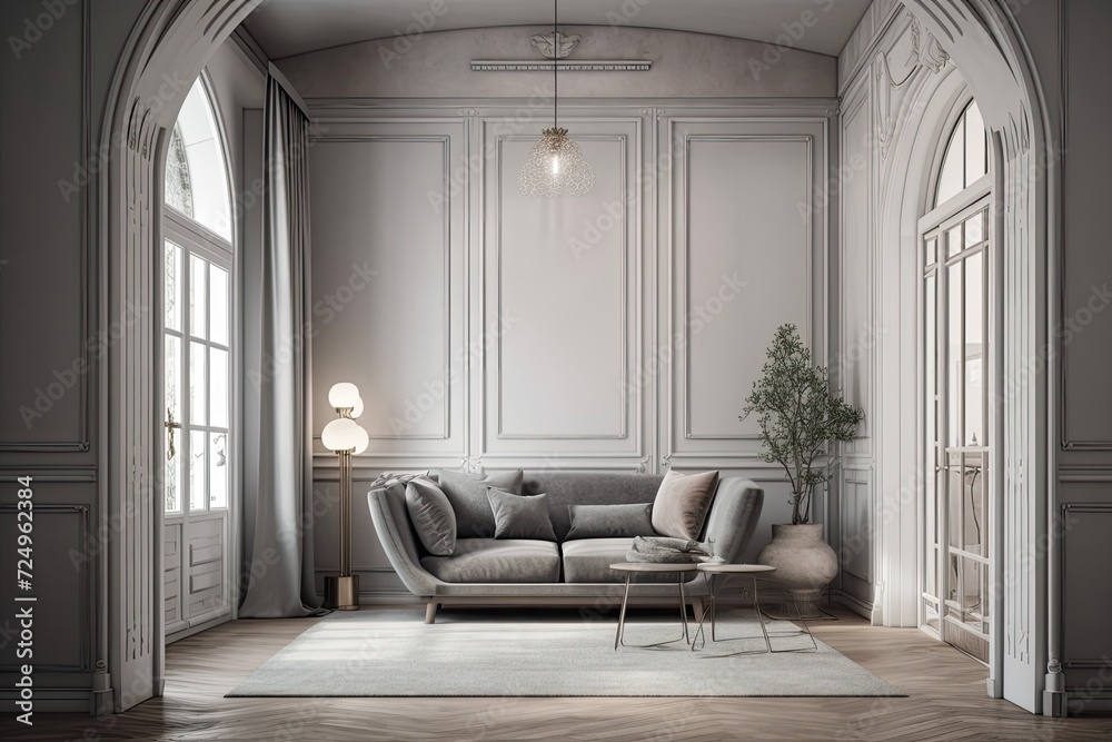 Neoclassical living room with copy space and molded walls. Parquet ...