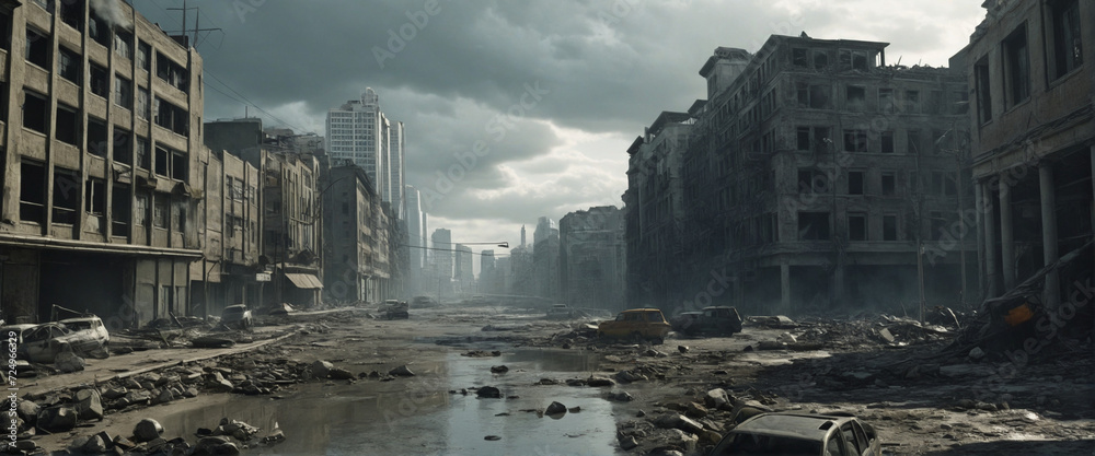 Desolate urban landscape after apocalypse. Ruined structures ...