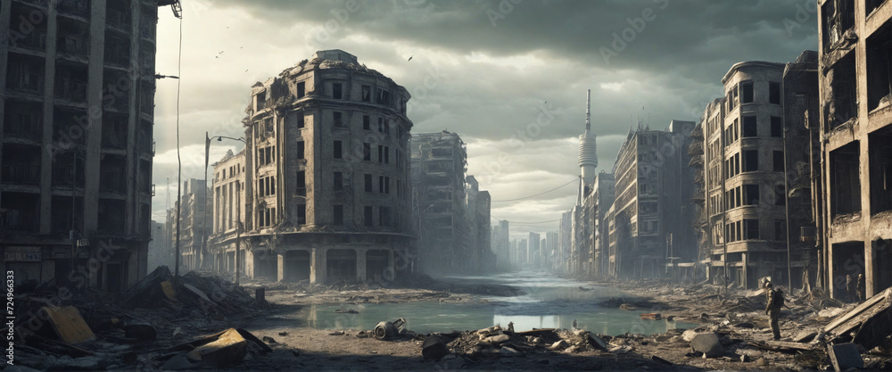 Desolate urban landscape after apocalypse. Ruined structures ...