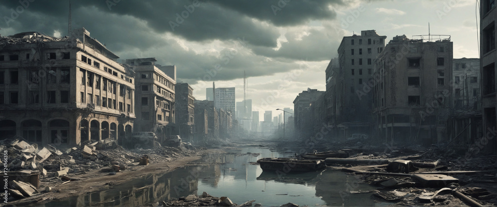 Desolate urban landscape after apocalypse. Ruined structures ...