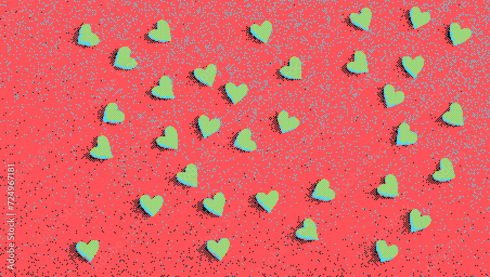 4K retro pixelated heart background, pattern with pixel hearts, yellow ...
