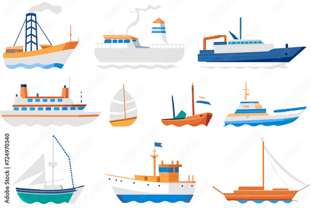 Set of Ships and Boats Different Types Isolated on White Background ...