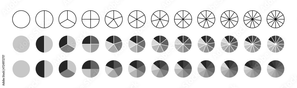 Segments circle collection. Infographic charts from 1 to 12 segments ...
