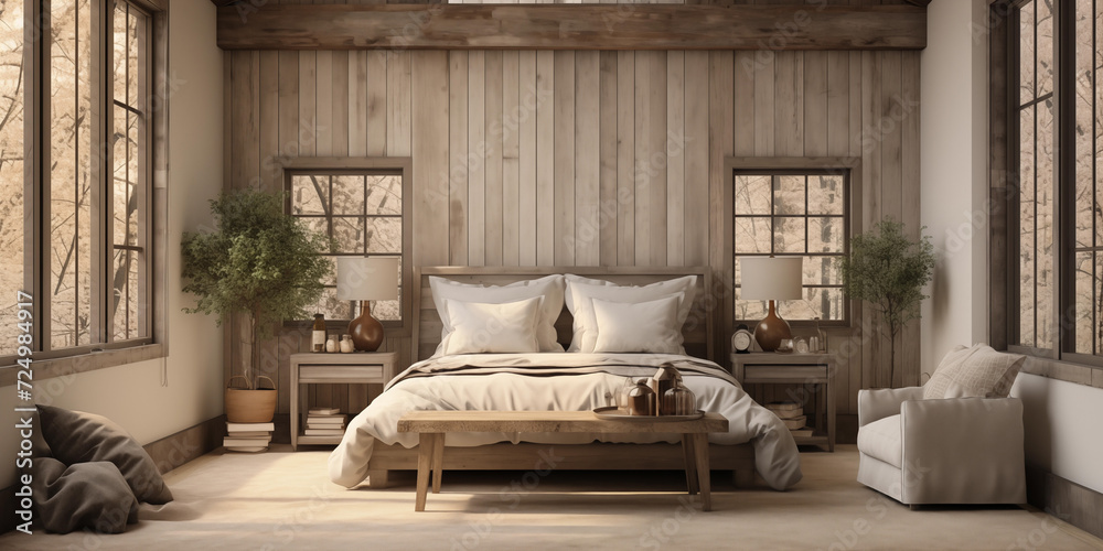 Traditional Farmhouse Style Loft Empty Bedroom Interior. master modern ...