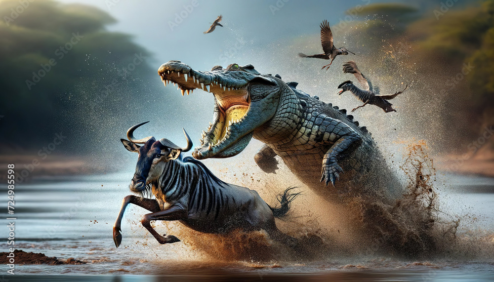 A dramatic encounter between a wildebeest and a crocodile in a muddy ...