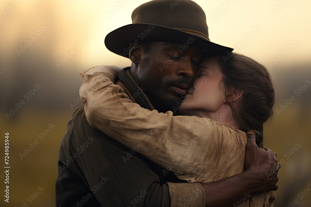 month of black history. A black man hugs a woman on the street. Africa ...