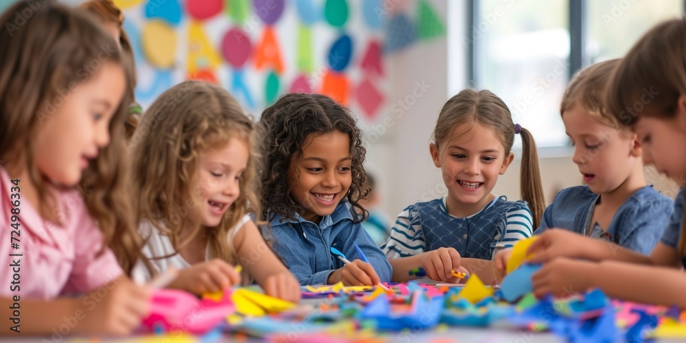 happy kids doing arts and crafts in day care centre, Happy kids doing ...