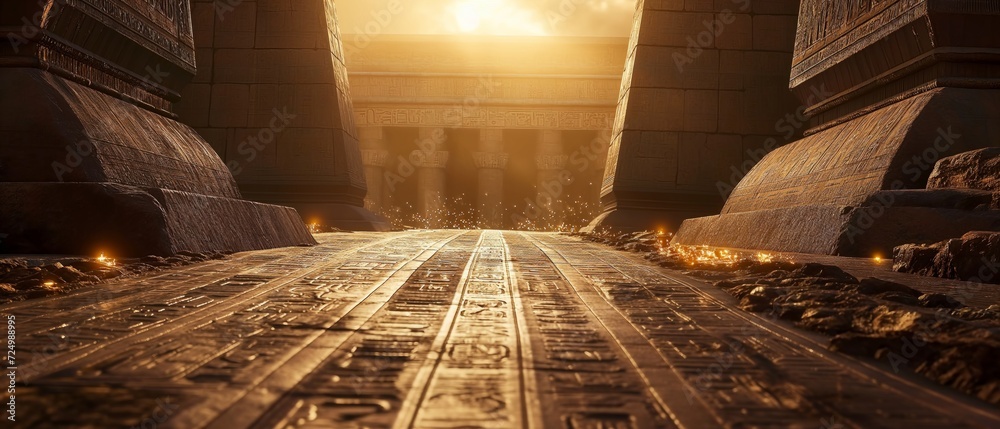 Egyptian tomb passage. Pharaoh grave decorated with hieroglyphs. Dark ...