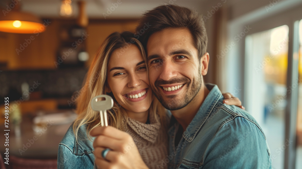 A smiling couple holding the key to their new apartment, signifying the ...