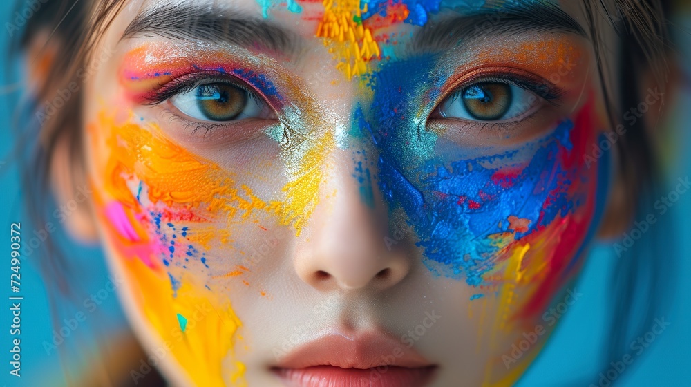 Extreme close-up of a beautiful Chinese girl with festively painted ...