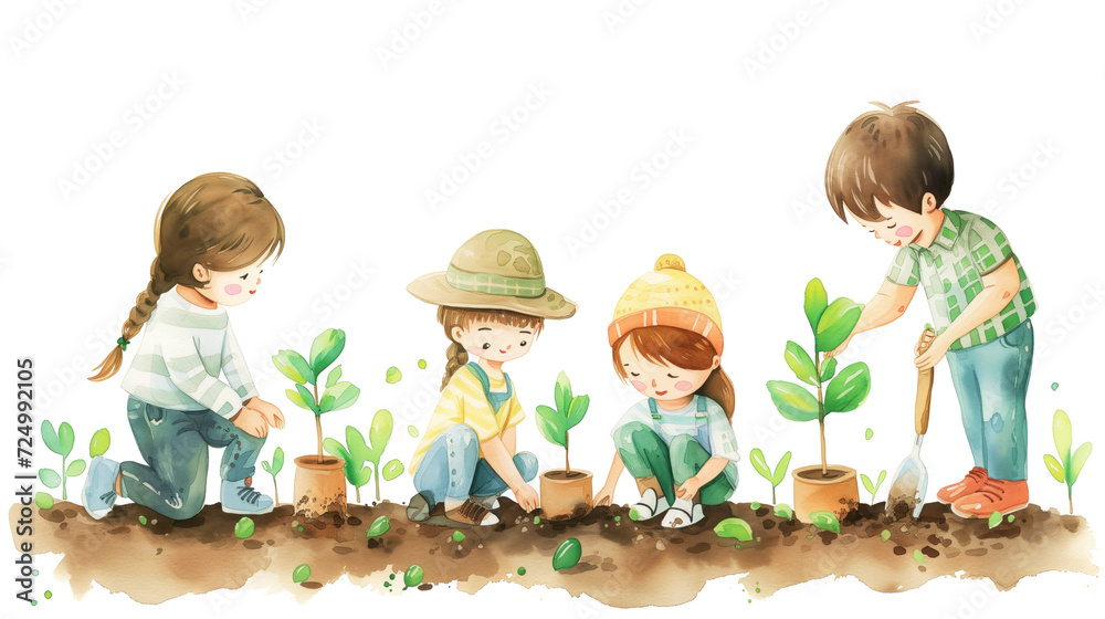 The concept of Earth Day. Cartoon characters planting seedlings and ...